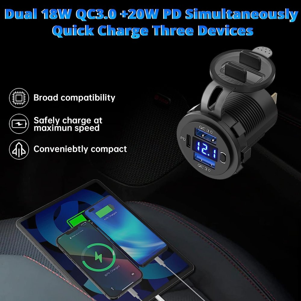 YJ-DS2082 12V 56W Dual QC 3.0 and PD Port USB Car Charger Socket with ...